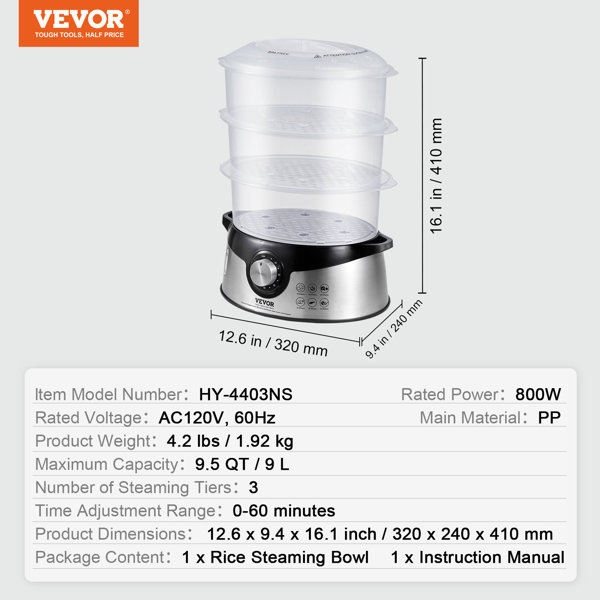 VEVOR 9.5Qt Electric Food Steamer 3-Tier Vegetable Steamer & 60 Min Timer 800W | Wayfair